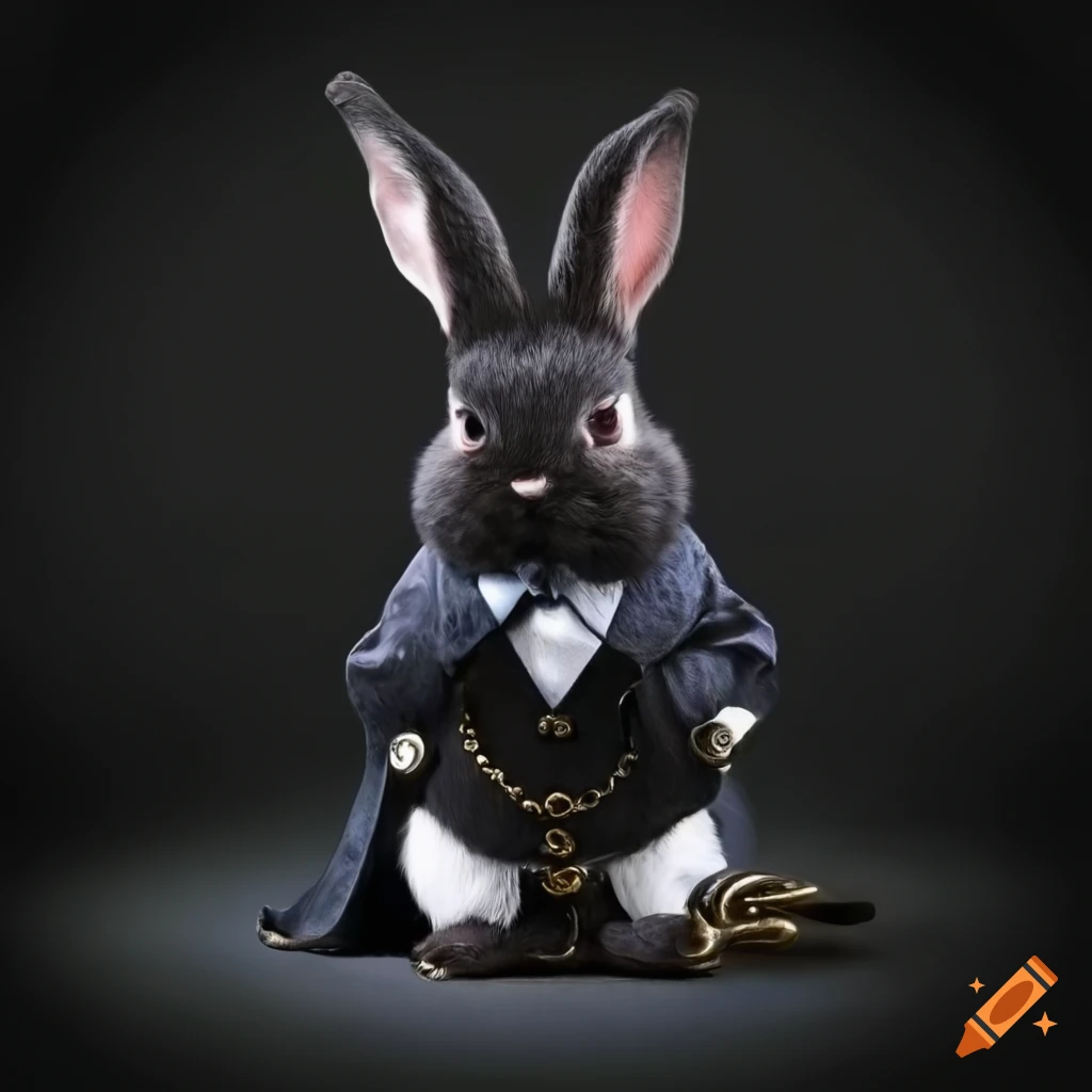 Elegant black rabbit in victorian attire with a pocket watch on Craiyon