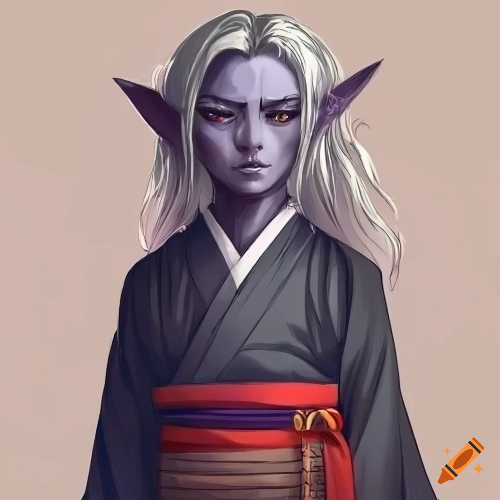 Illustration of an elegant Drow in traditional Japanese clothing on Craiyon