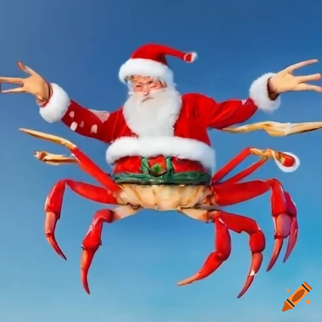 Santa riding a flying snow crab on Craiyon