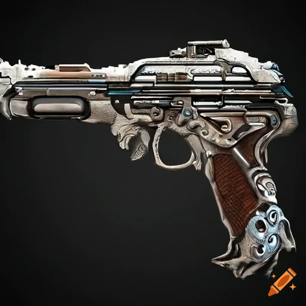 Scifi wild west inspired gun made of bone, chrome, and gold on Craiyon