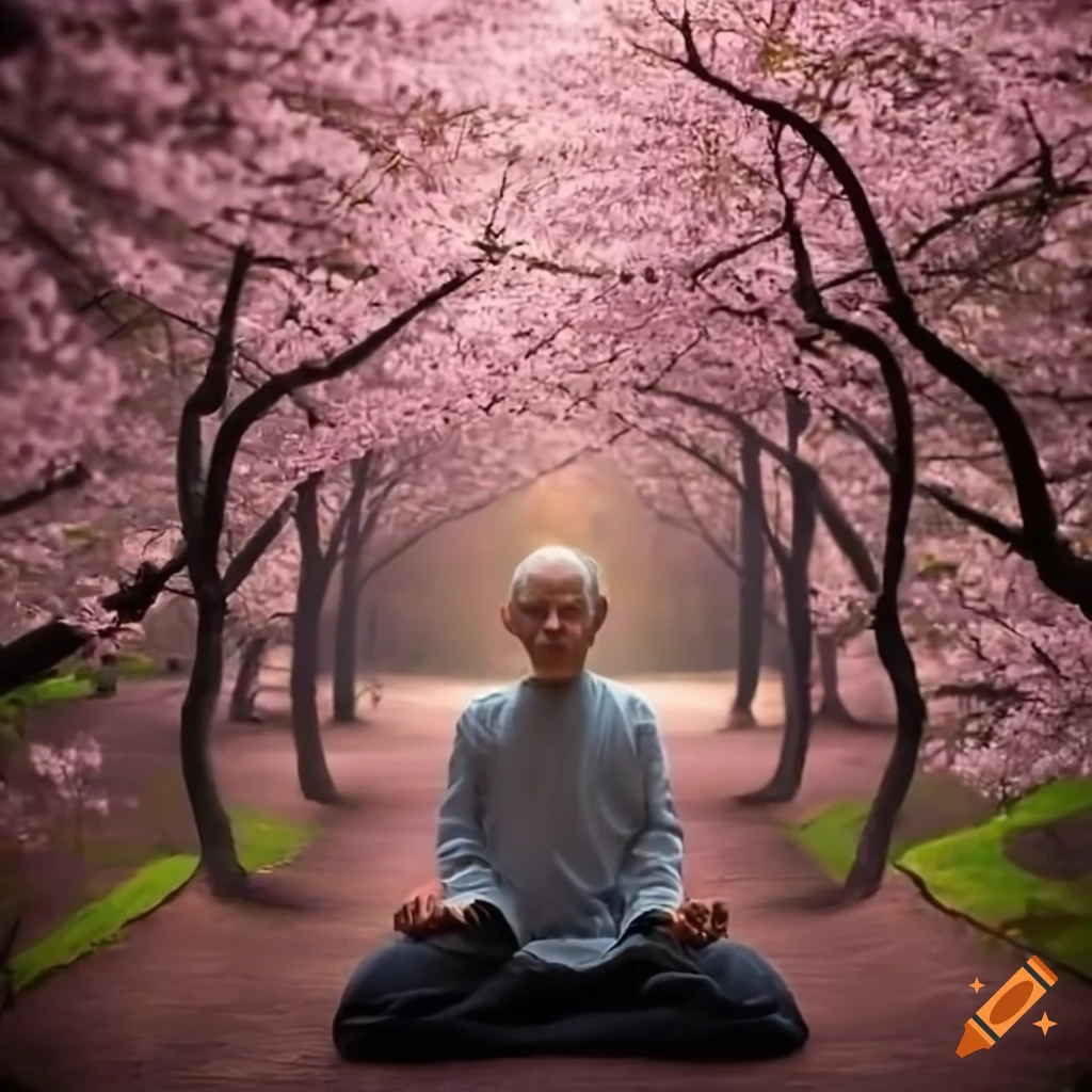 Old man meditating in cherry blossom forest