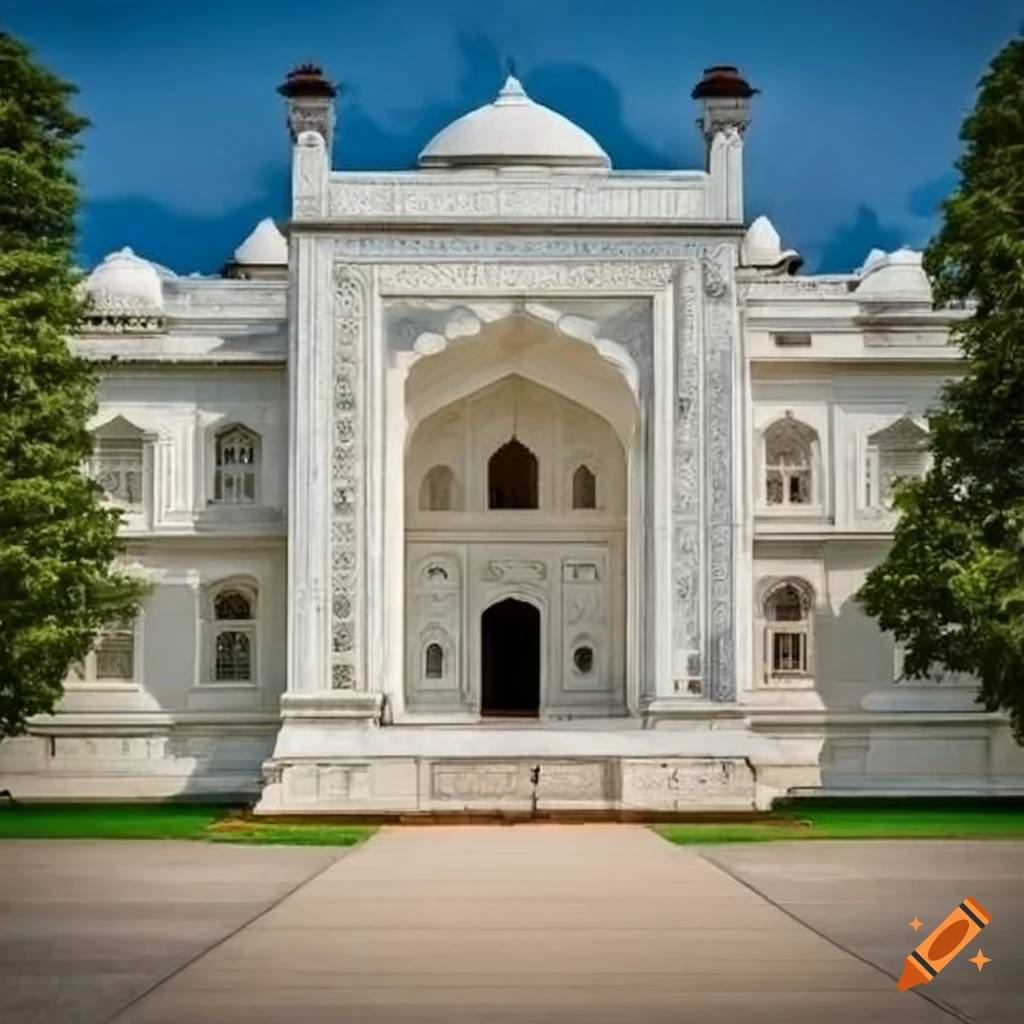 Front view of mahal white house in mediterranean architectural style on ...
