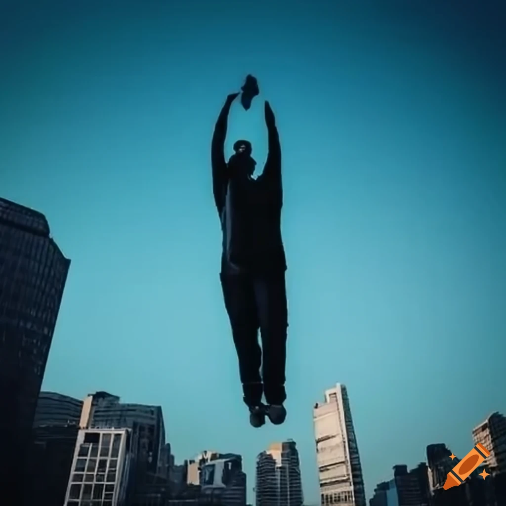Surreal image of a person floating over a city on Craiyon