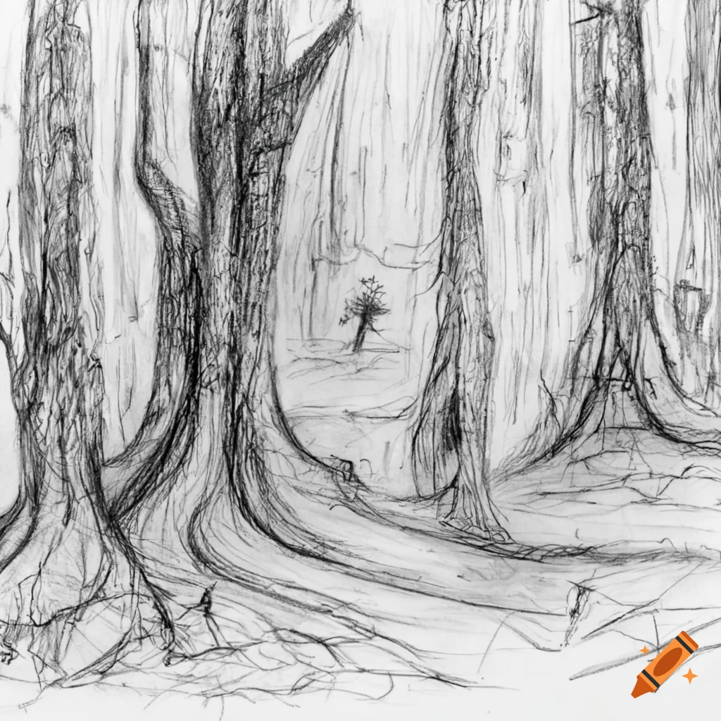 Sketch of a creepy forest with tall trees
