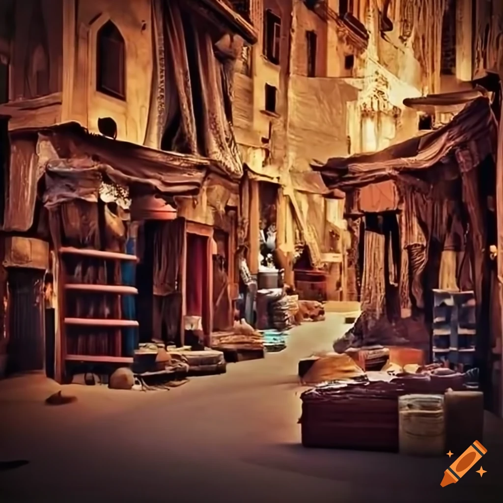 Zoomed-in view of an ancient bustling market on Craiyon