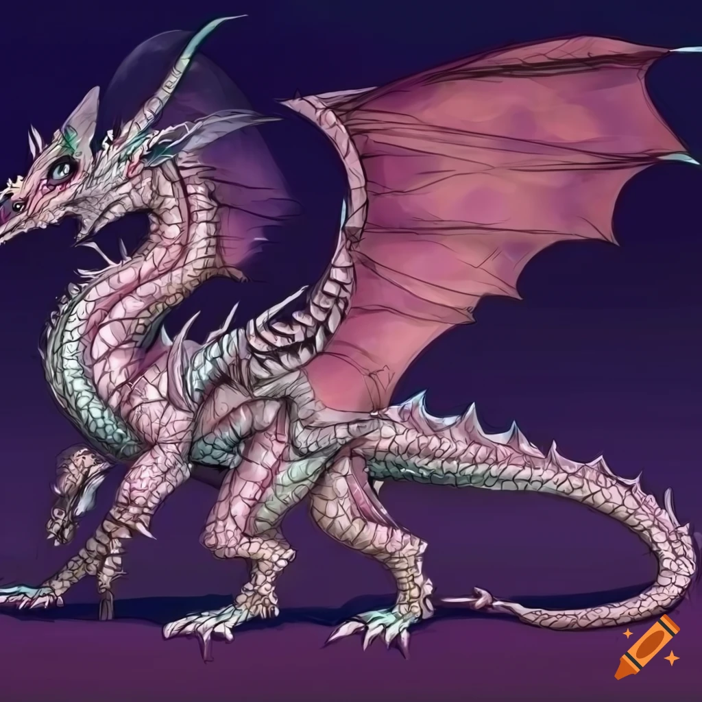 Side view illustration of a detailed dragon with wings and four legs on ...