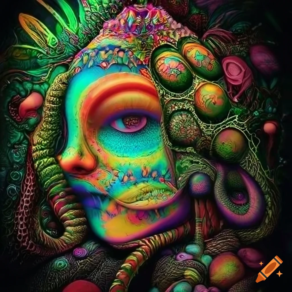 Surreal artwork of beings in a psychedelic jungle on Craiyon