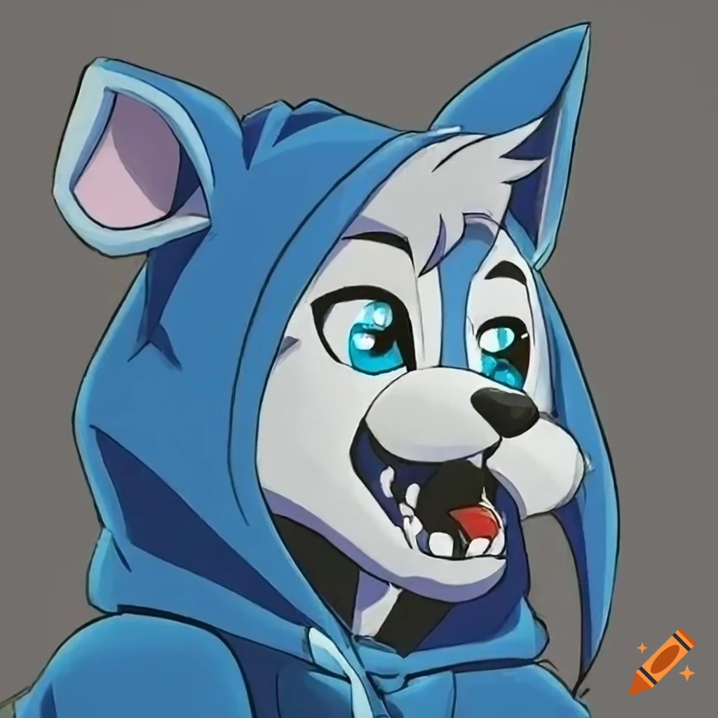 Vibrant 2d artwork of a white female wolf furry animatronic in a blue ...