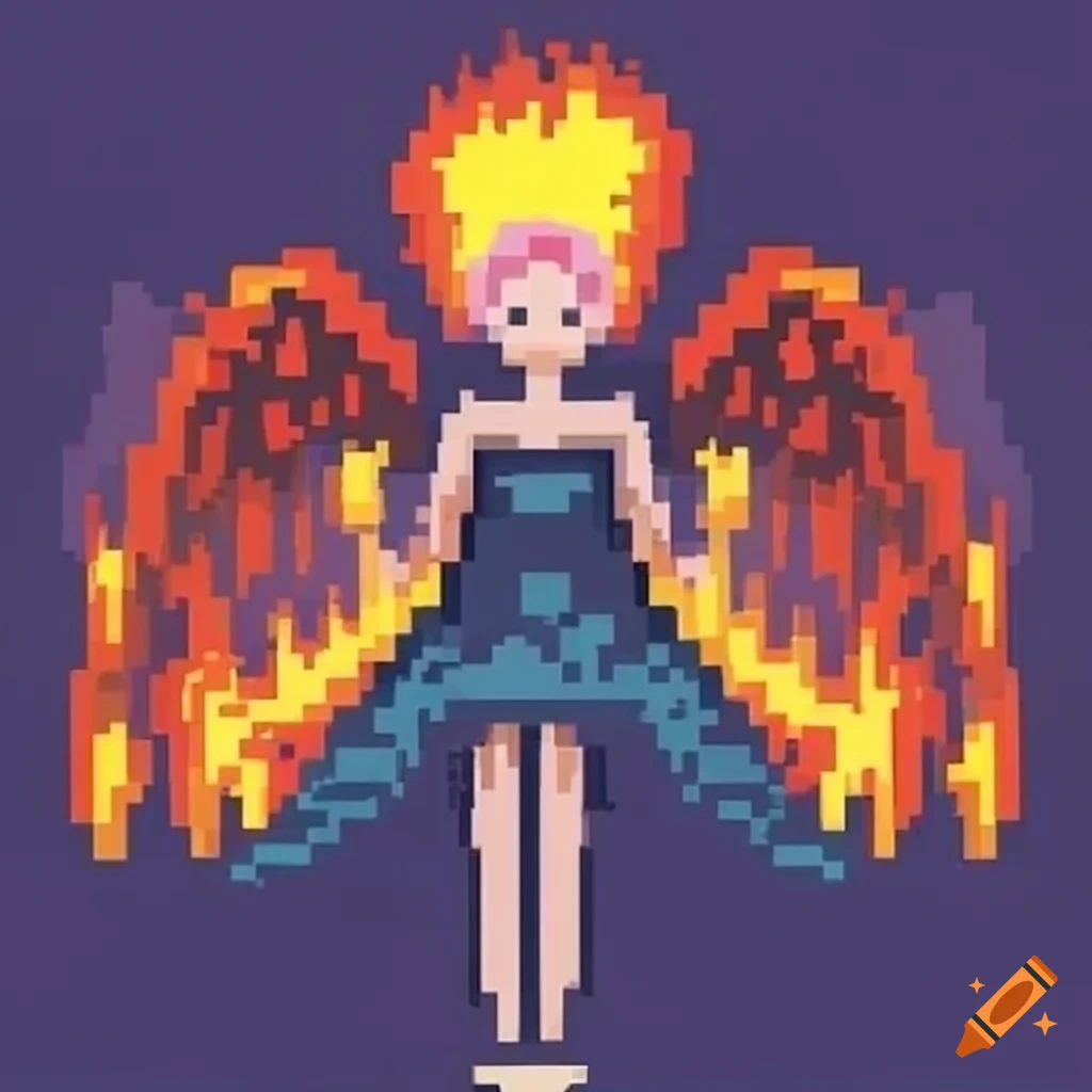 Digital art of a pixelated fire angel