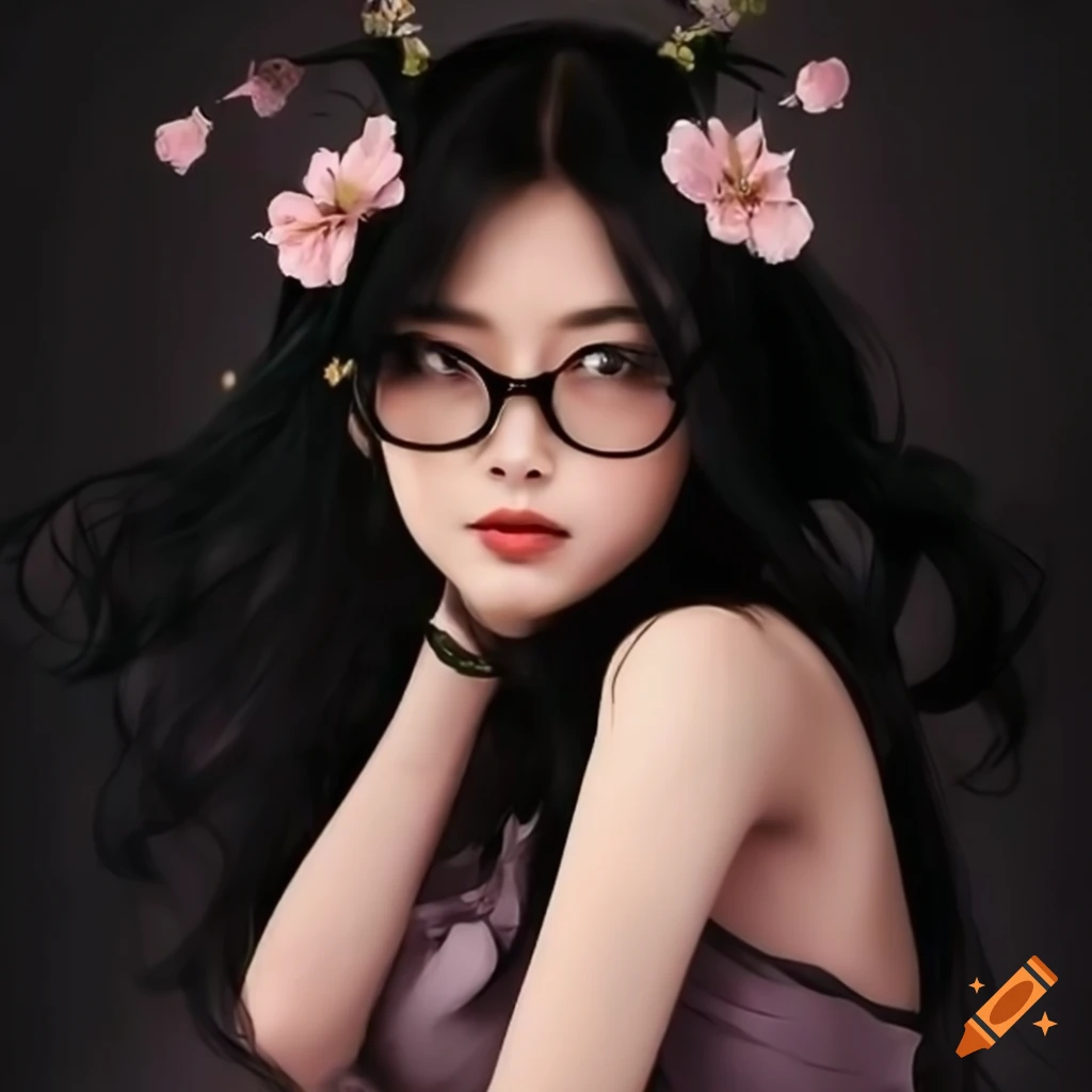 Asian Girl With Glasses And Black Hair Surrounded By Pastel Flowers