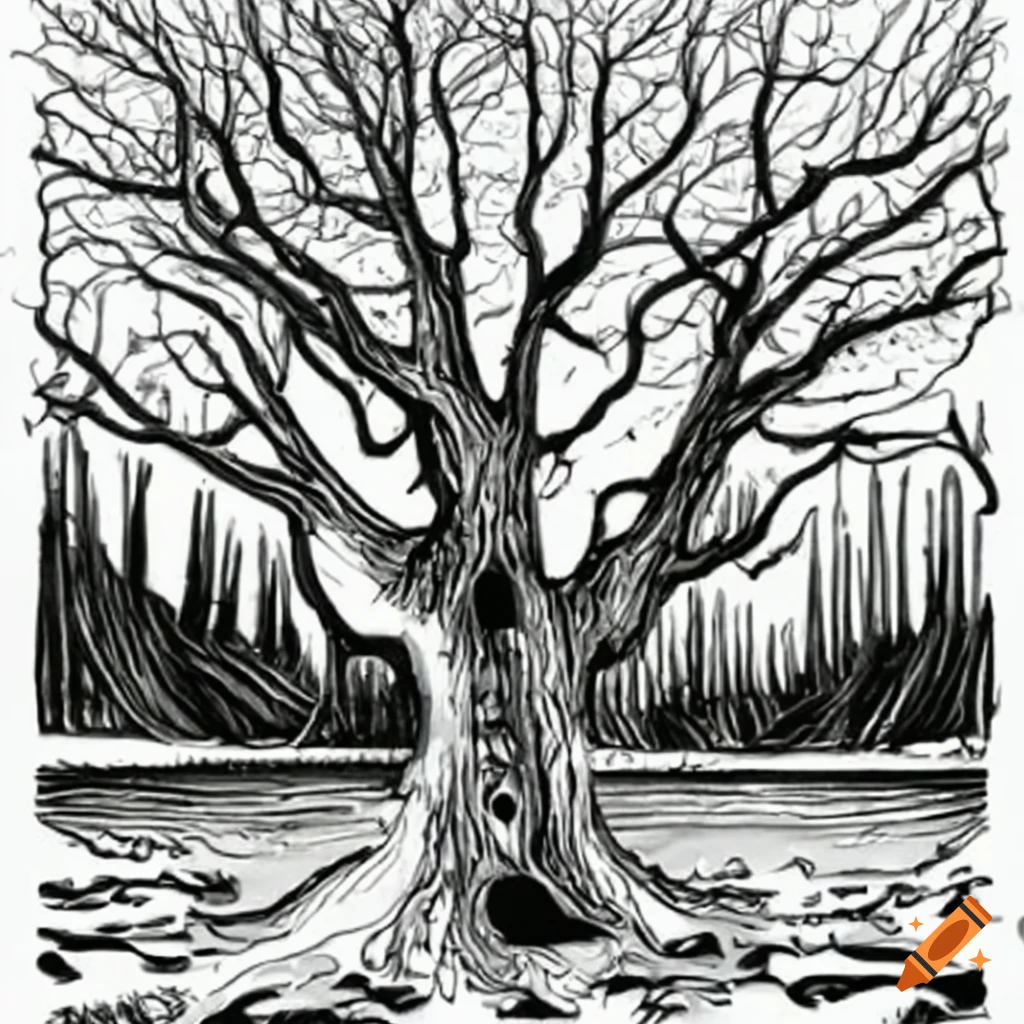 Black and white ink drawing of a split dead tree on Craiyon