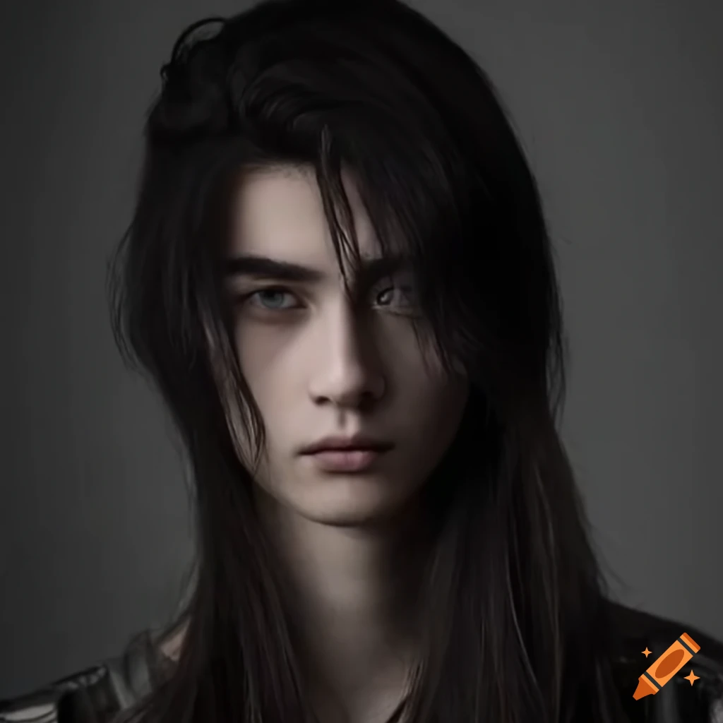 Portrait of a stoic man with long black hair and black eyes