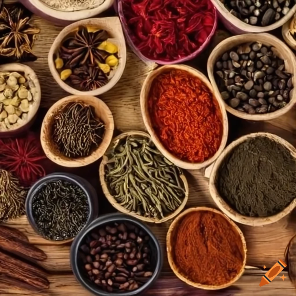 Tray of various spices on a wooden table on Craiyon