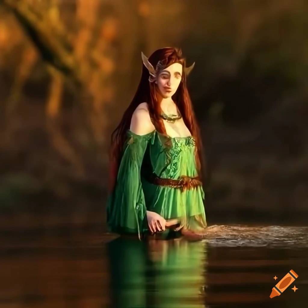 Cosplay of an elf woman walking in a river during golden hour on Craiyon