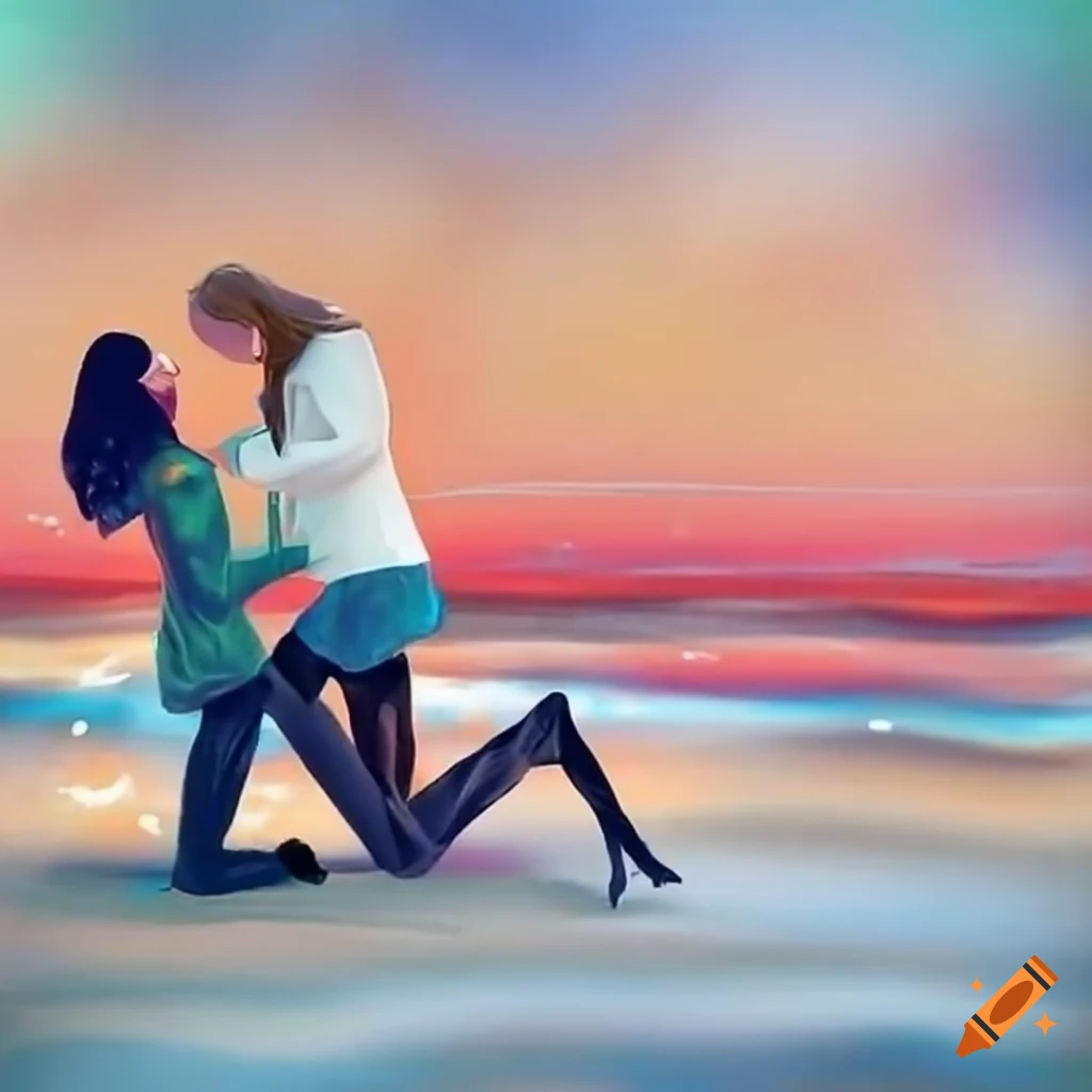 Romantic winter beach proposal between two women on Craiyon