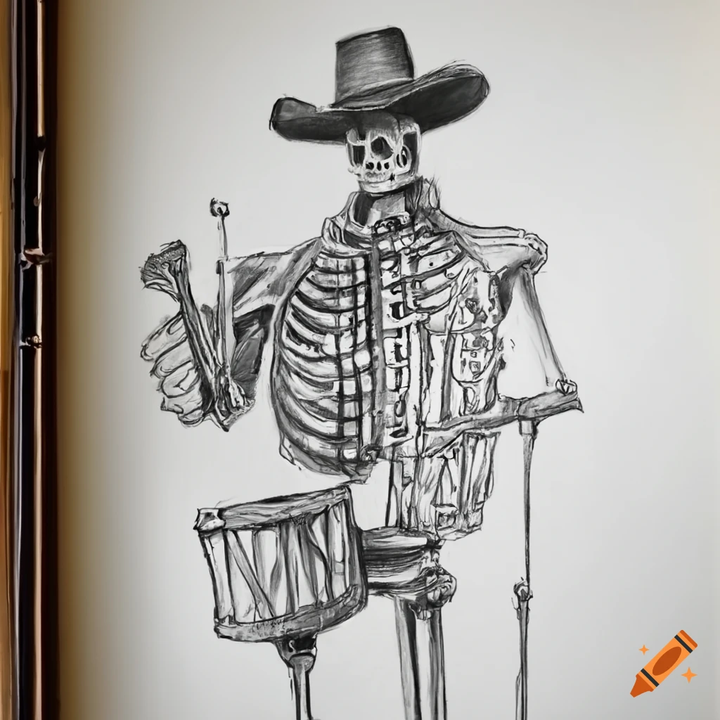 Cowboy skeleton playing drums on Craiyon