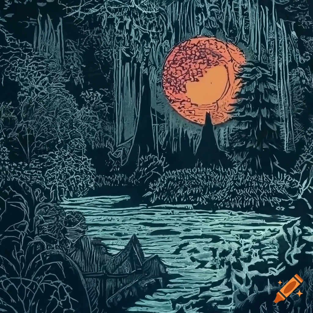 Detailed linocut illustration of a garden world at sunrise on Craiyon