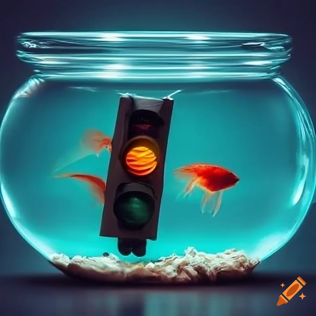 Conceptual art of a traffic light in a fishbowl on Craiyon