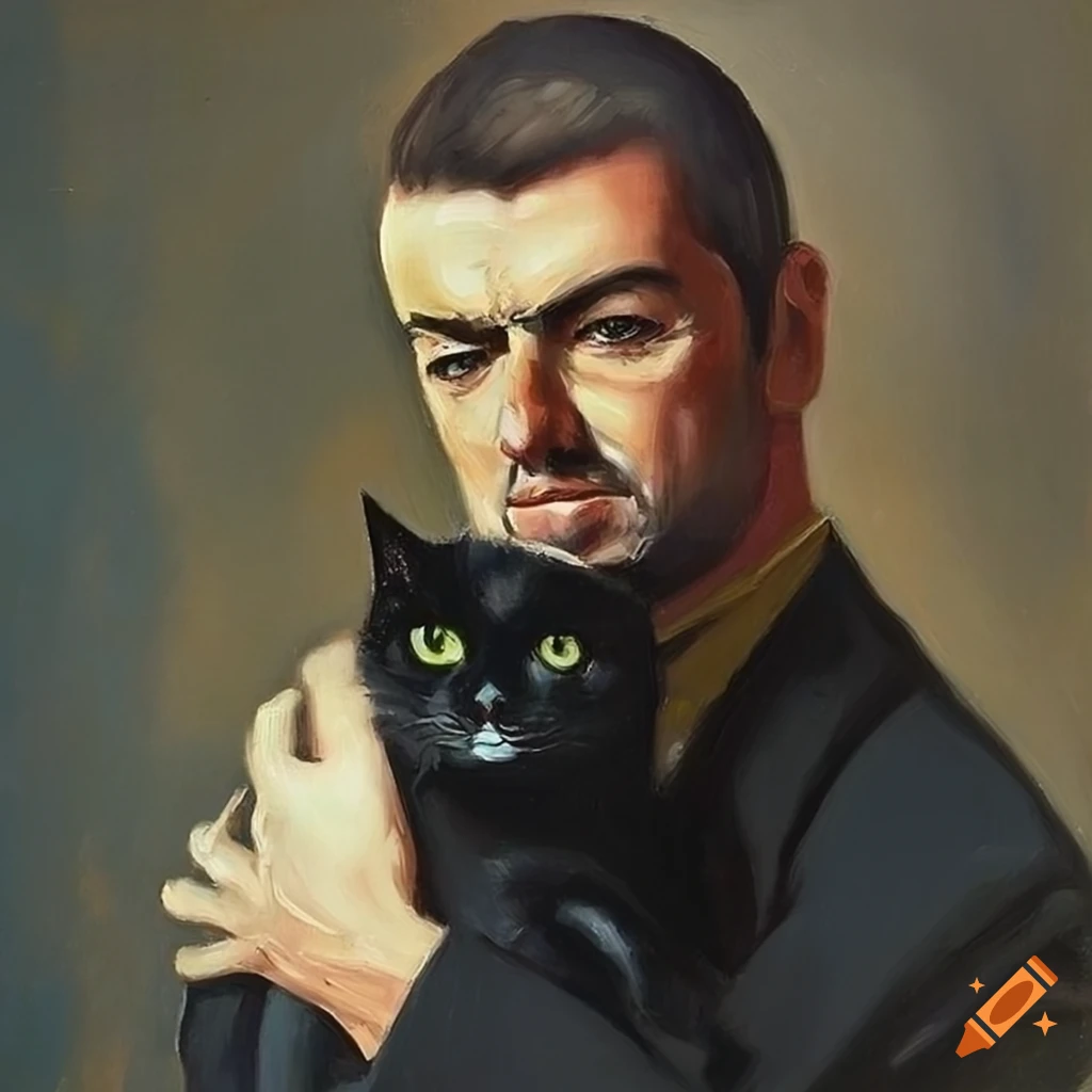 George michael holding a black cat in a painted portrait