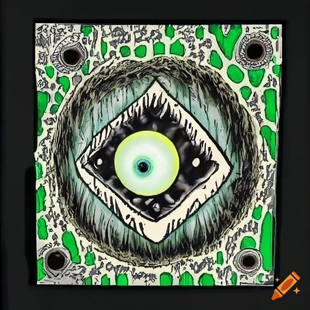 Green cube with a white outline and one eye in space on Craiyon