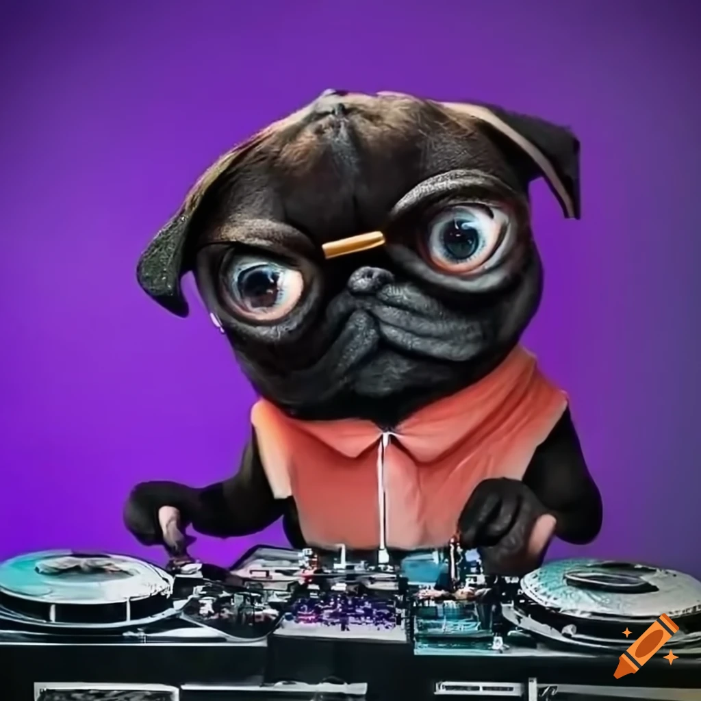 Pug playing drums on stage on Craiyon