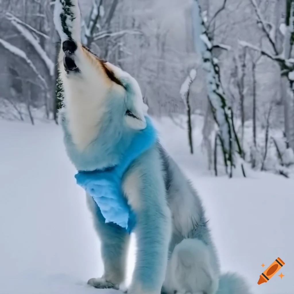 Fluffy blue and white ice wolf in snowy landscape on Craiyon