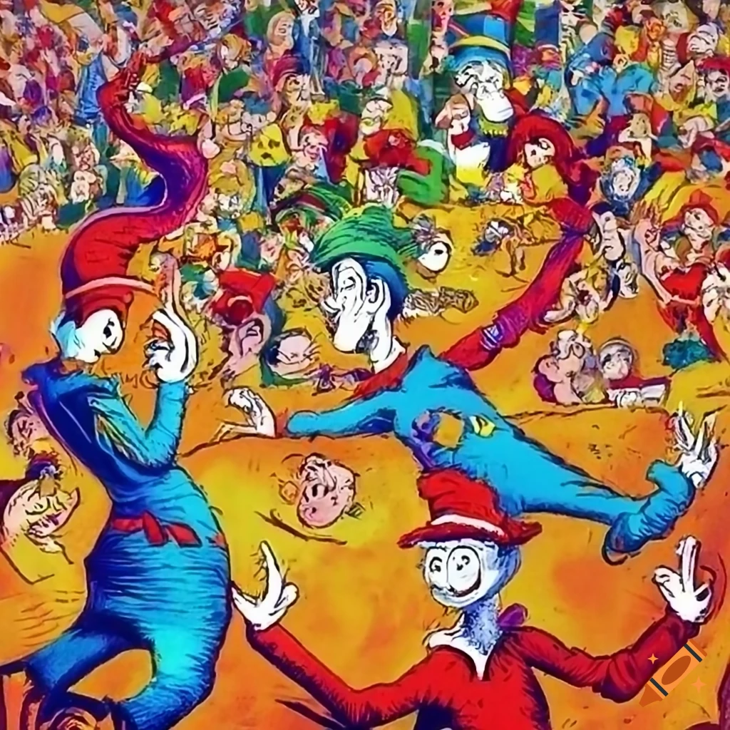 Colorful humorous crowd illustration on Craiyon