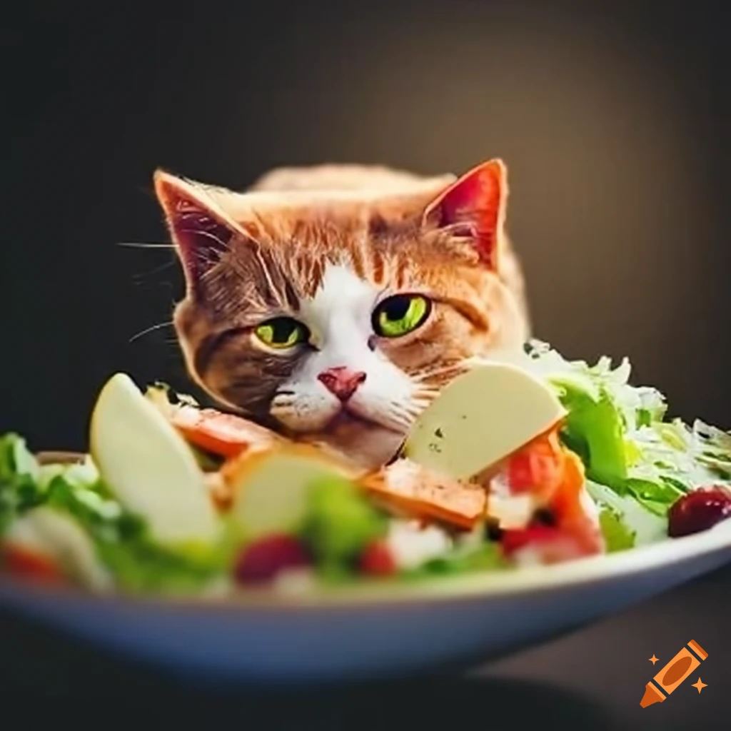 Cat eating a salad with potatoes