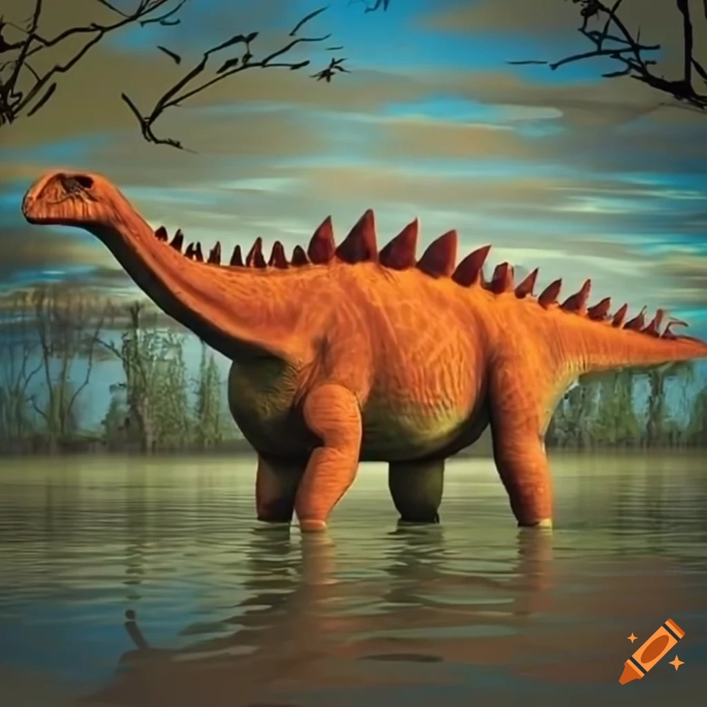 Sunny swamp with a giant orange stegosaurus on Craiyon