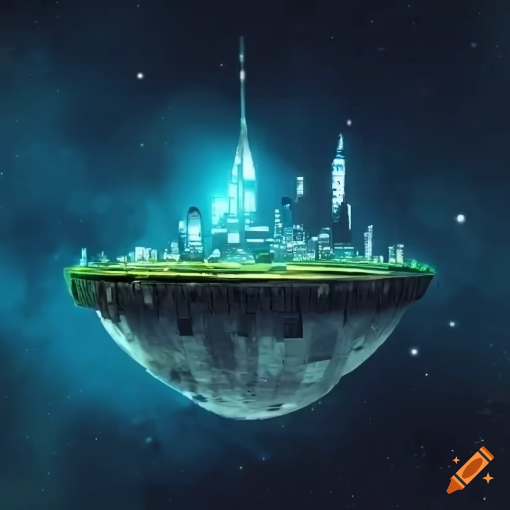 Floating island in outer space with a movie screen at the center on Craiyon