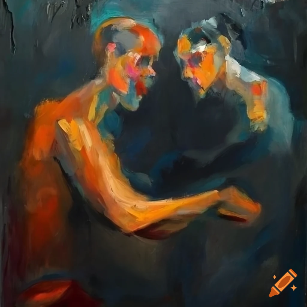 Expressionist oil painting of two people fighting on Craiyon
