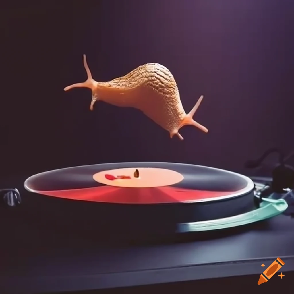 Slug wearing headphones and spinning a record on a turntable