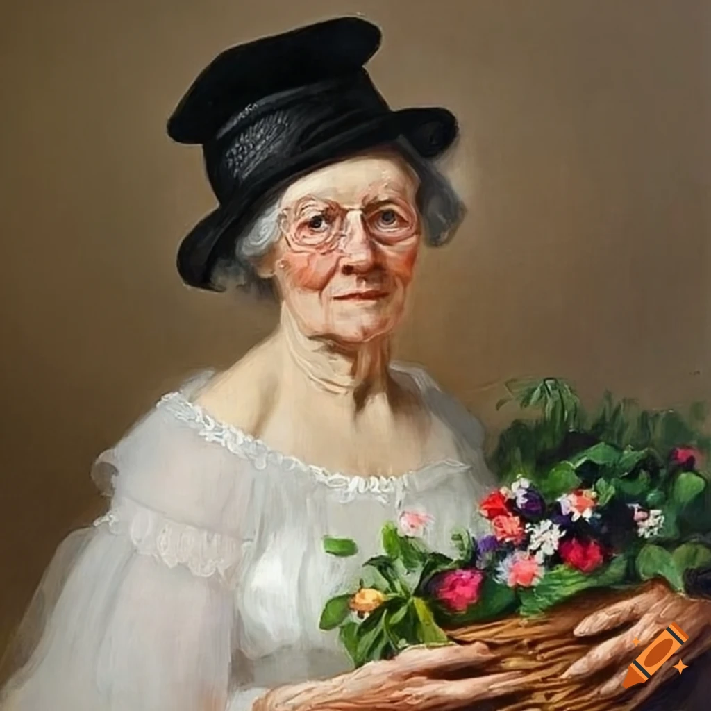 Classic painting of a grandmother with a flower basket on Craiyon