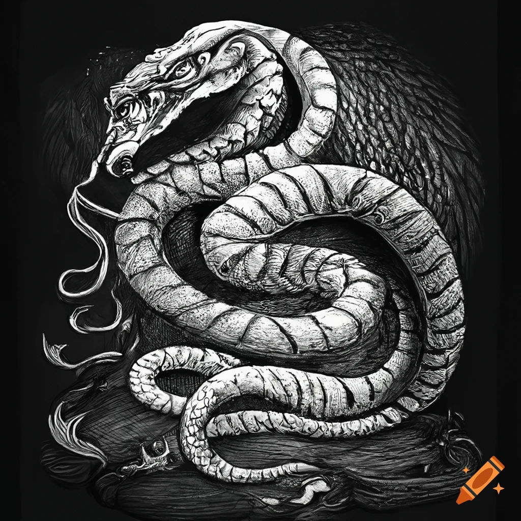 Black and white drawing of a serpent god on Craiyon