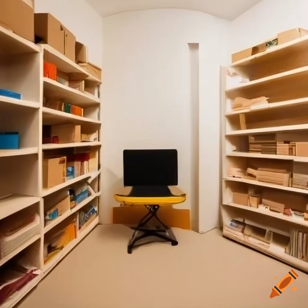 Organized room with shelves and computer on Craiyon