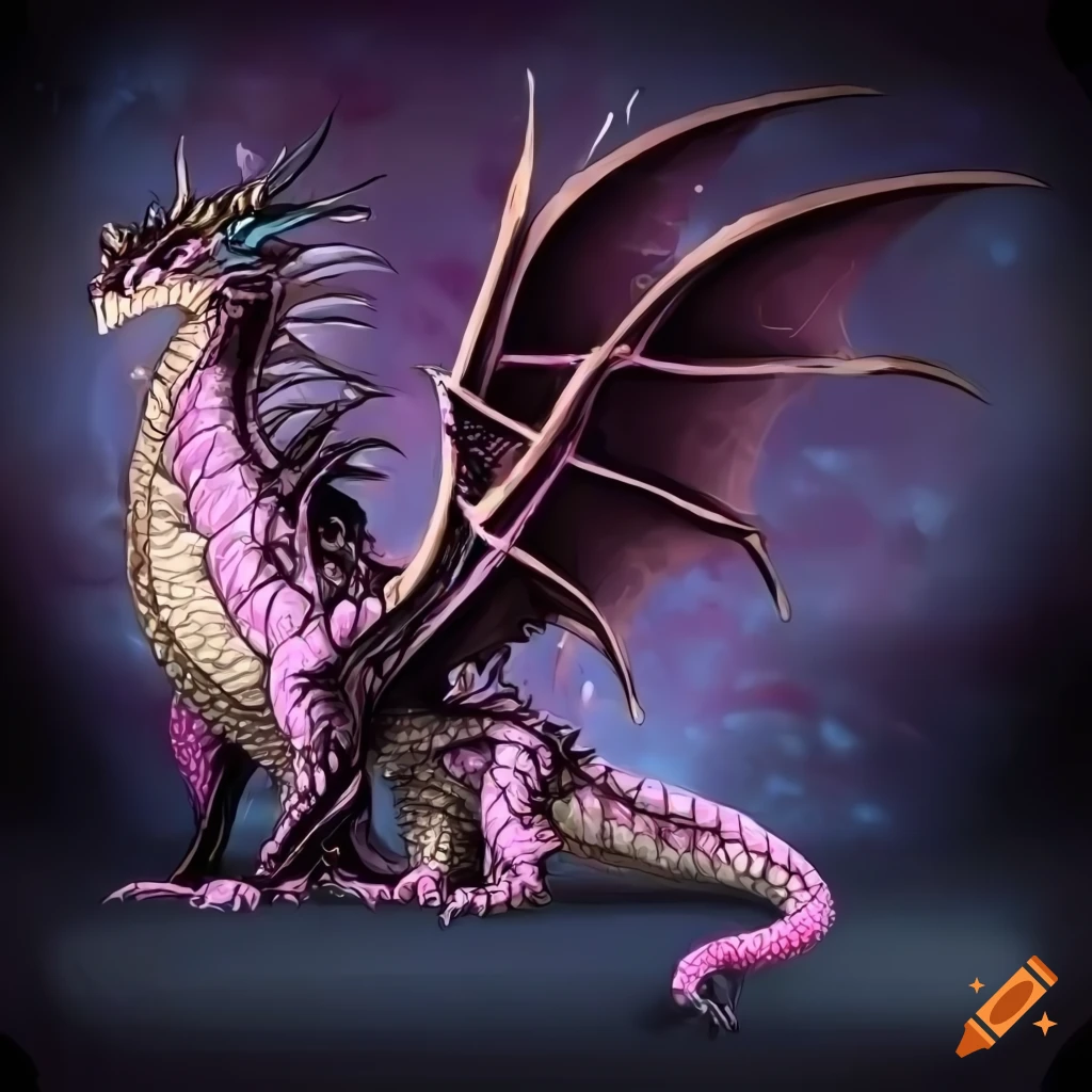 Illustration of a side view dragon with wings and four legs on Craiyon