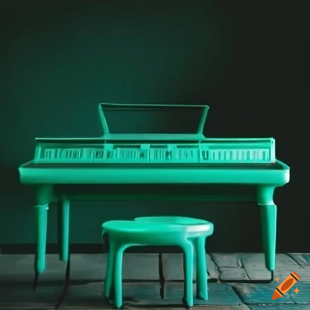 Green plastic piano on a wooden table on Craiyon