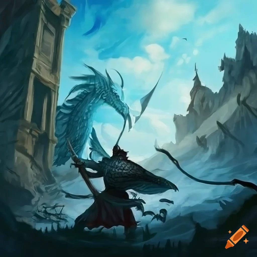 Artwork of a warrior fighting a dragon in the sky on Craiyon