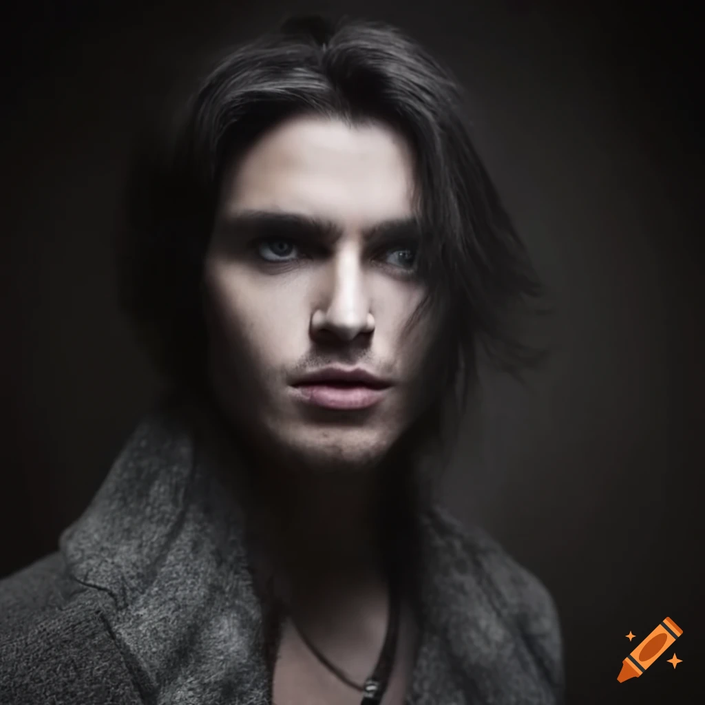 Portrait of a stoic European man with black hair and black eyes on Craiyon