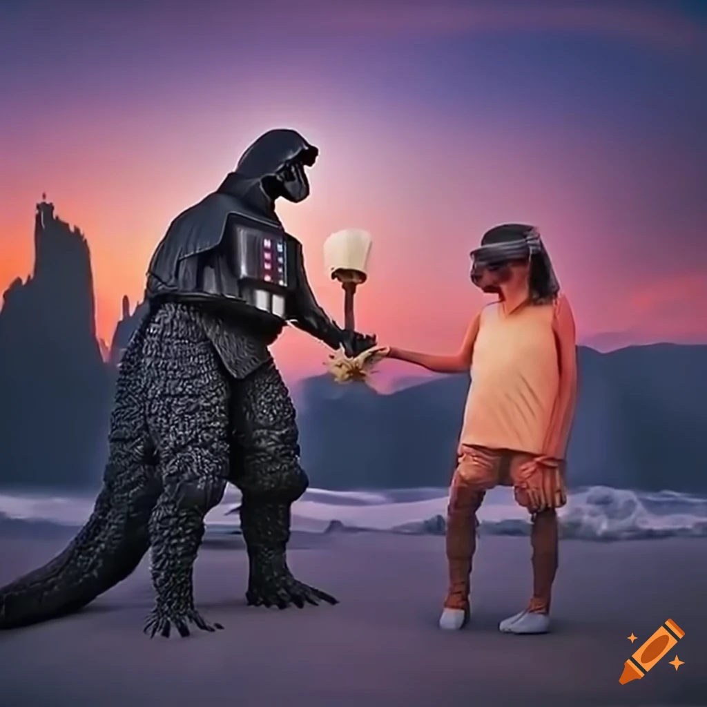 Darth vader and godzilla enjoying the sunset
