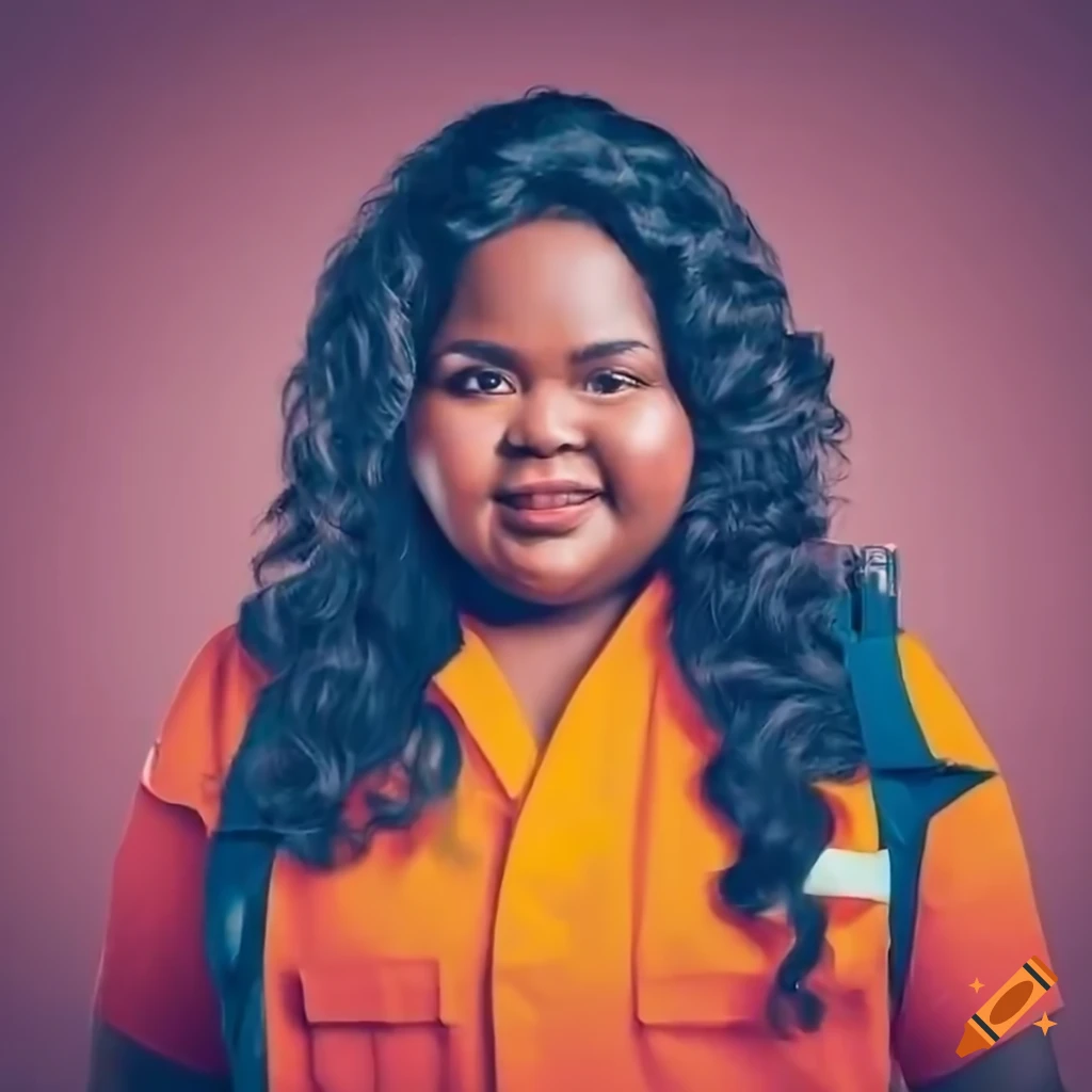 Close-up portrait of a woman in an orange engineer's uniform on Craiyon