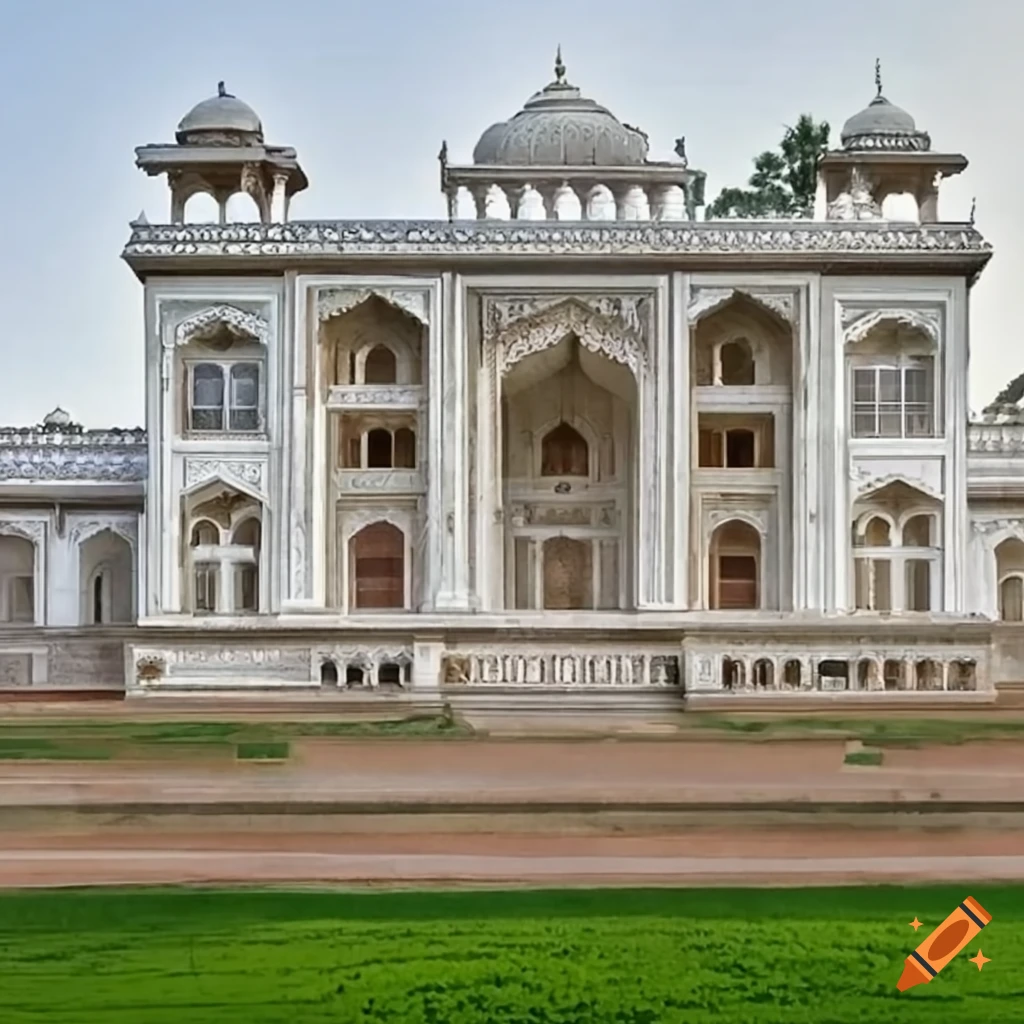 Frontal view of a mughal architectural building on Craiyon