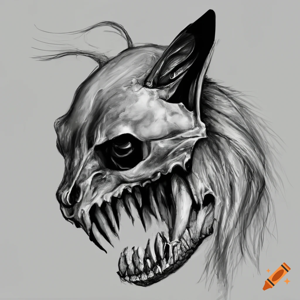 Black pencil sketch of a fox skull on Craiyon