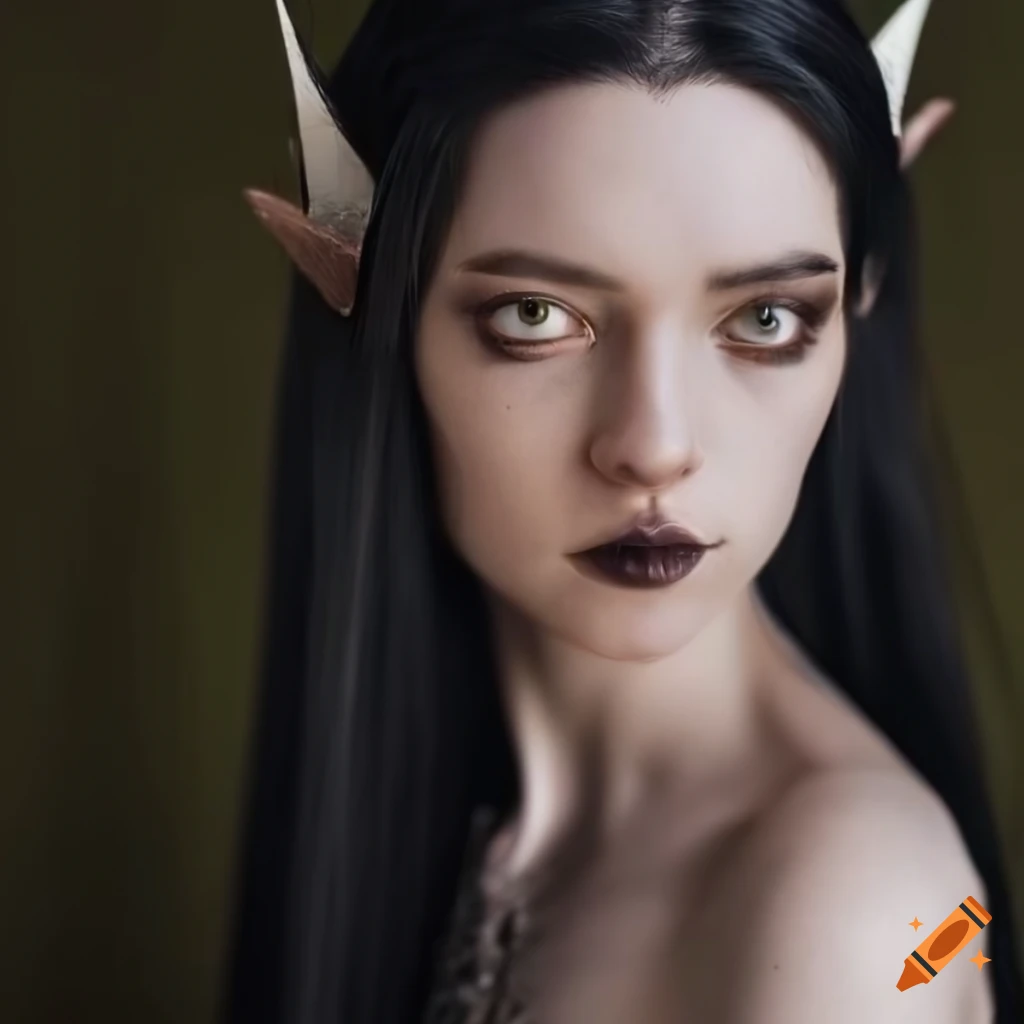 Portrait of a female elf with golden eyes and black hair