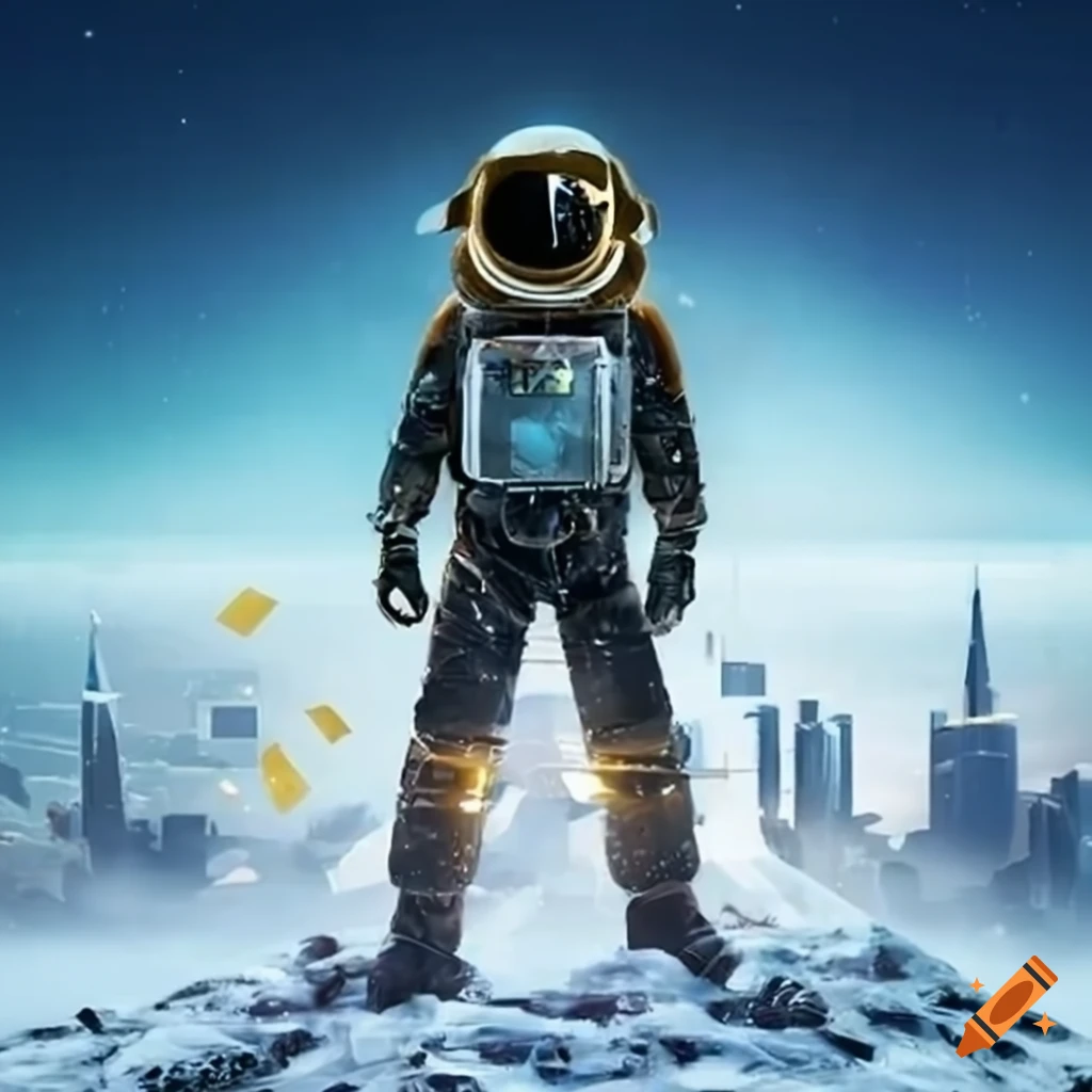 Space pilot holding a golden ticket in a futuristic city on Craiyon