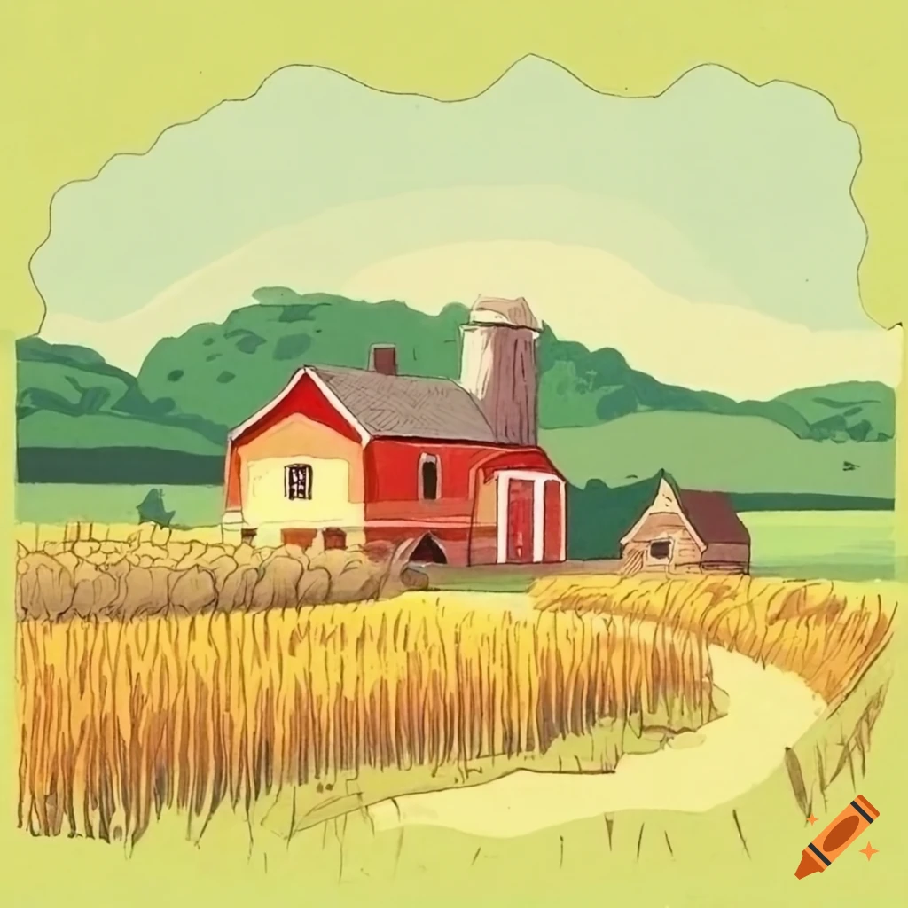 Artistic farm landscape titled "harvest of dreams" on Craiyon