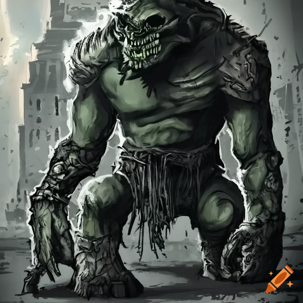 Dark fantasy drawing of a troll in a ruined city on Craiyon