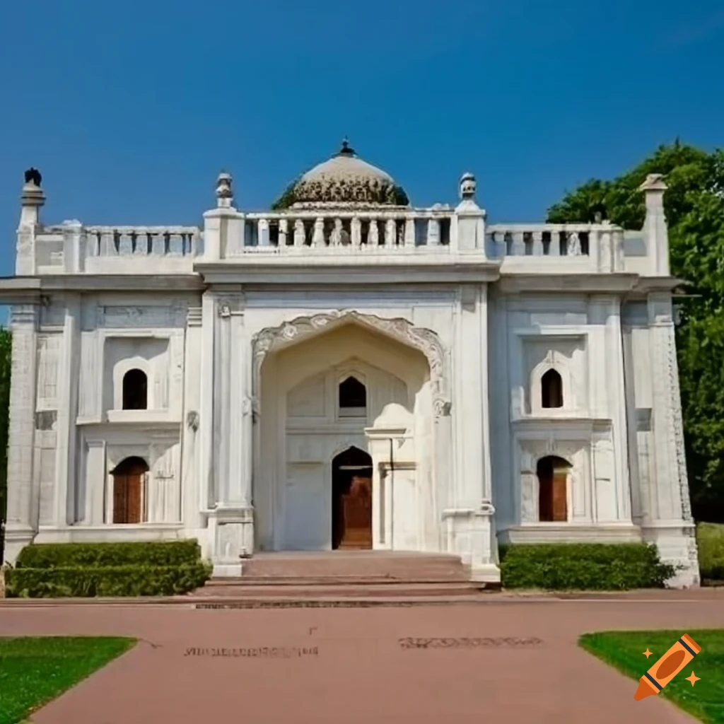 Frontal view of Mughal architectural-style building on Craiyon