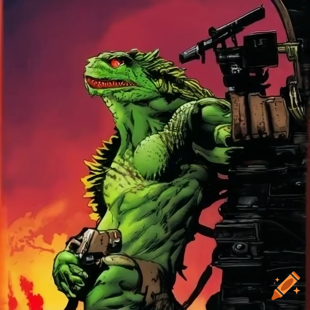Cover of a vintage comicbook featuring a lizard with a machine gun