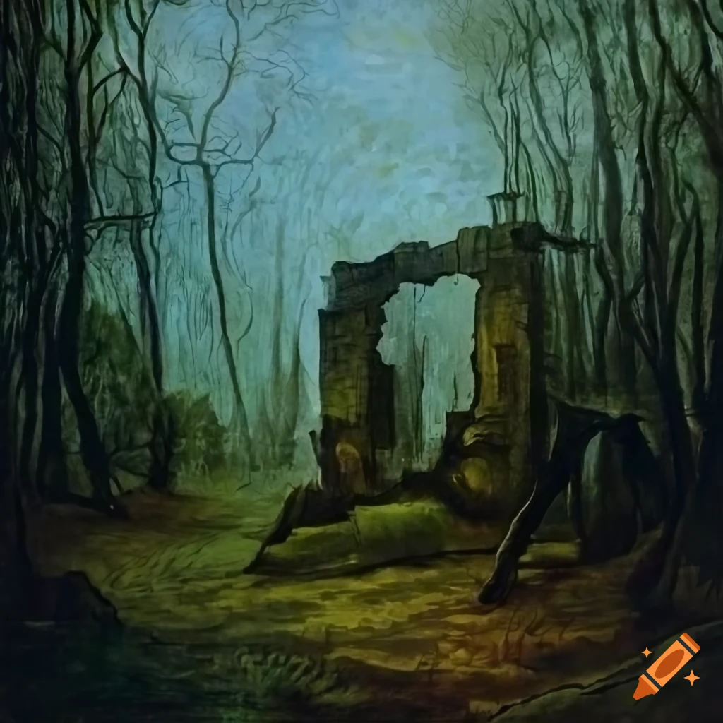 Vintage colored drawing of dystopian ruins in a field on Craiyon